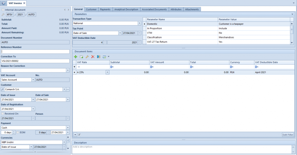 Adding VAT invoice correction – Comarch ERP Standard 2022.1 Knowledge Base