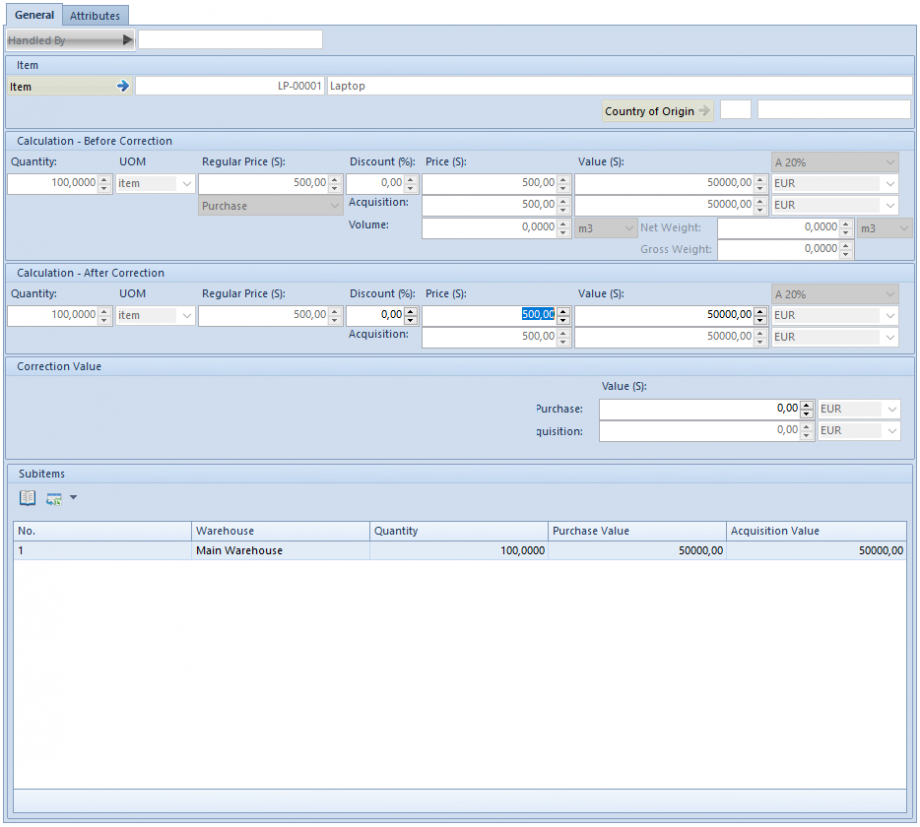 Value corrections – Comarch ERP Standard 2022.5 Knowledge Base